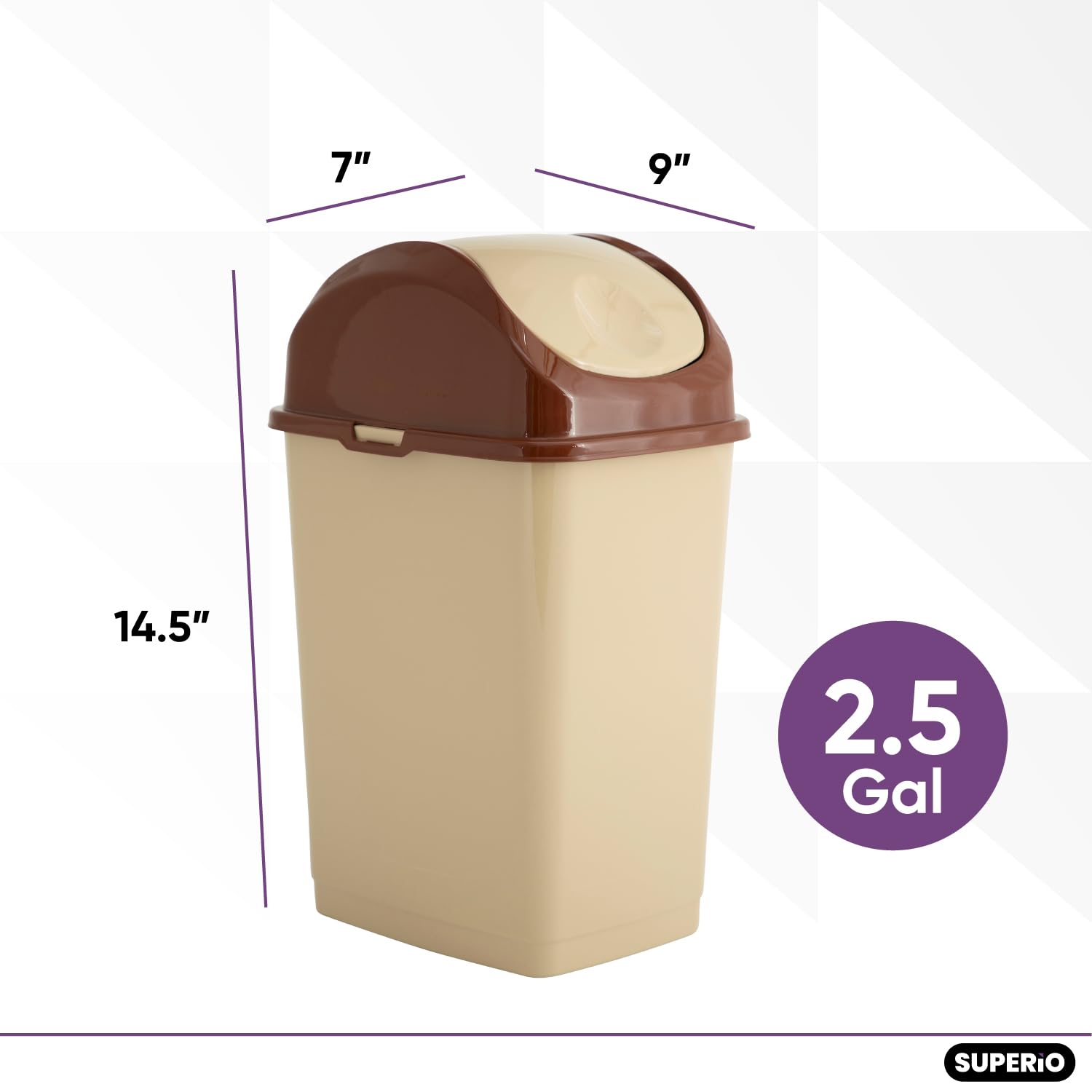 Superio Small 2.5 Gallon Plastic Trash Can with Swing Top Lid, Compact Slim Waste Bin for Under Desk, Office, Bedroom, Bathroom, Dorm Room, 10 Qt. Portable Garbage Can (Beige/Browm, 2 Pack)