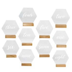 hanna roberts modern hexagonal geometric table number acrylic signs with wood stands for wedding reception, restaurant, event party, 5" x 1.5" x 5.9" (cursive geometric, set of 10 (1-10))