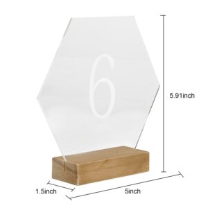 Hanna Roberts Modern Hexagonal Geometric Table Number Acrylic Signs with Wood Stands for Wedding Reception, Restaurant, Event Party, 5" x 1.5" x 5.9" (Number Design, Set of 10 (1-10))