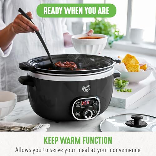 GreenLife 6 Quart Ceramic Slow Cooker, PFAS-Free, Programmable, Removable Healthy Nonstick Pot for large families, Sear on Stovetop, Keep Warm, Digital Timer, Dishwasher Safe Glass Lid & Crock, Black