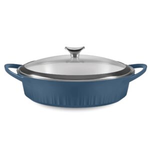 corningware, non-stick 4 quart quickheat braiser with lid, lightweight, ceramic non-stick interior coating for even heat cooking, perfect for baking, frying, searing and more, french navy