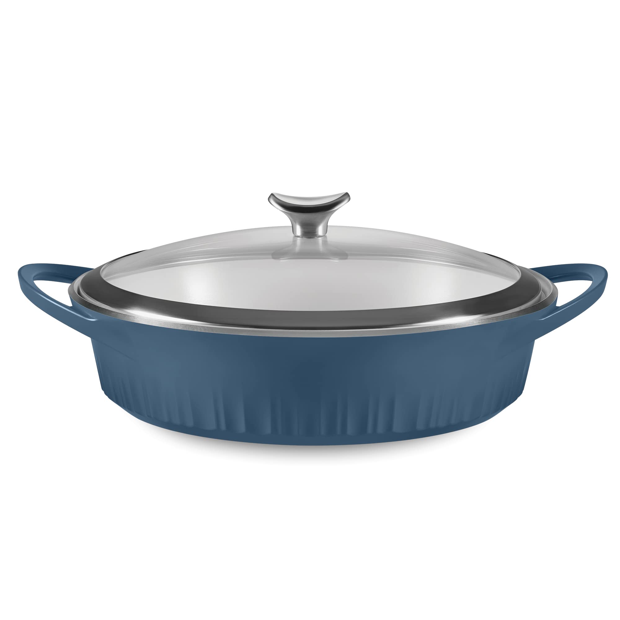 CorningWare, Non-Stick 4 Quart QuickHeat Braiser with Lid, Lightweight, Ceramic Non-Stick Interior Coating for Even Heat Cooking, Perfect for Baking, Frying, Searing and More, French Navy