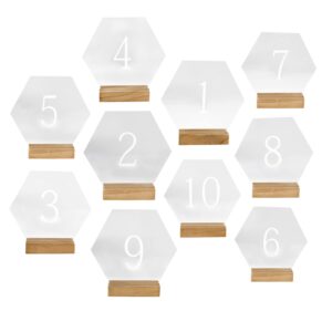 hanna roberts modern hexagonal geometric table number acrylic signs with wood stands for wedding reception, restaurant, event party, 5" x 1.5" x 5.9" (number design, set of 10 (1-10))