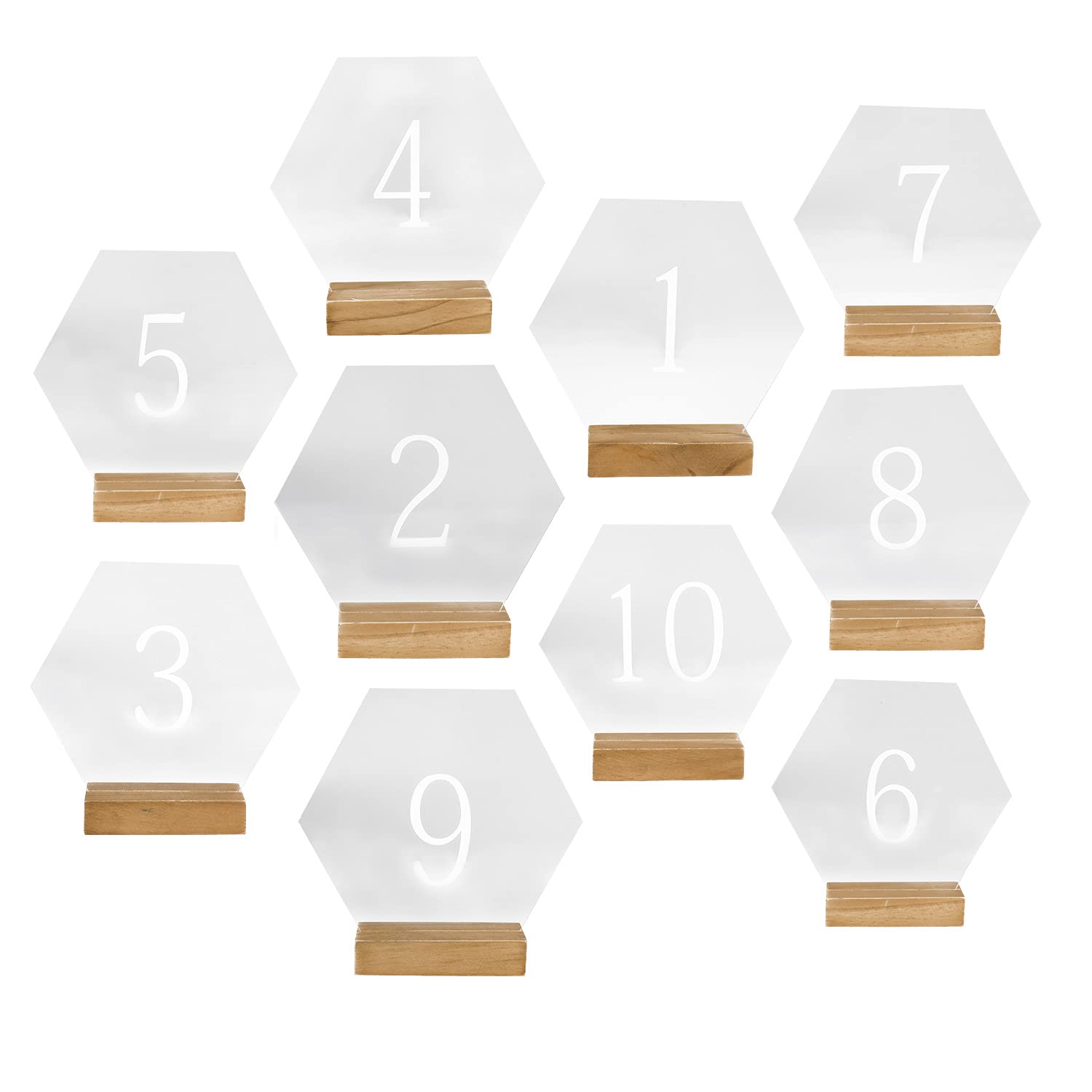 Hanna Roberts Modern Hexagonal Geometric Table Number Acrylic Signs with Wood Stands for Wedding Reception, Restaurant, Event Party, 5" x 1.5" x 5.9" (Number Design, Set of 10 (1-10))