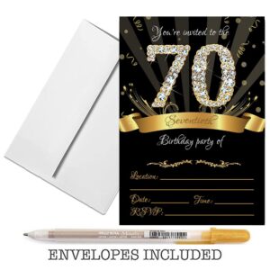 JT Studios 70th Birthday Party Invitations 5x7 Black & Gold Cards with Envelopes and Gold Metallic Pen (Pack of 25)