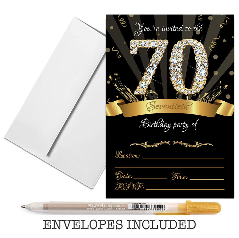 JT Studios 70th Birthday Party Invitations 5x7 Black & Gold Cards with Envelopes and Gold Metallic Pen (Pack of 25)