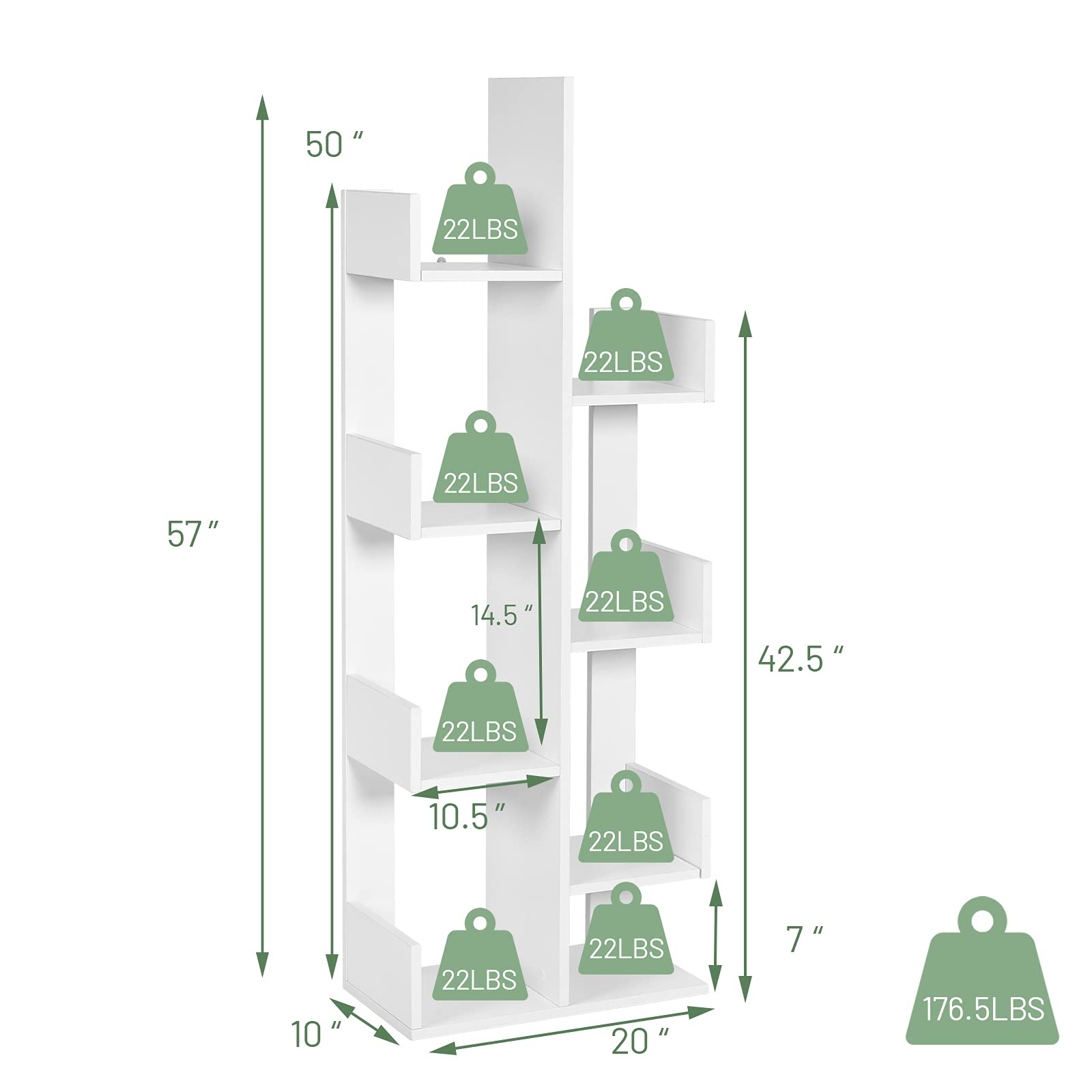 Giantex Wooden Bookcase, Tree-Shaped Modern Display Bookshelf w/ 8 Storage Shelves, Anti-Toppling, 8 Tier Freestanding Decorative Storage Organizer Shelves for CDs Movies Books Plant, White