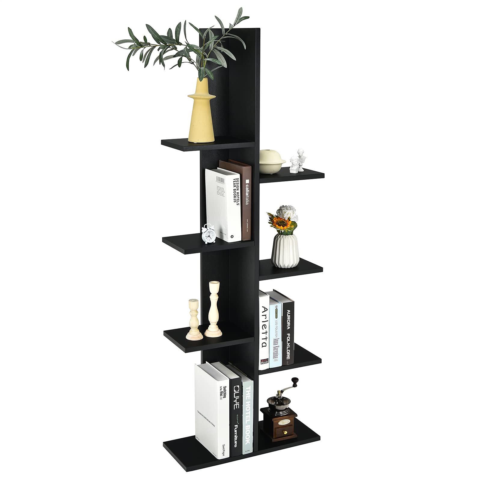 Tangkula 8 Shelf Bookshelf, Wooden Tree Bookcase with 8 Book Shelf, 20 x 8 x 55.5 Inch, Freestanding 8 Tier Storage Display Shelf with Anti-toppling, Corner Shelf for Living Room Home Office (Black)