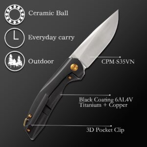 KANSEPT Pocket Knife Mini Accipiter, CPM-S35VN 6.73in Front Flipper Pocket Knives with 2.95in Drop Point Blade and Copper and Titanium Handle, Camping Hunting,EDC Tactical Knives K2007A3