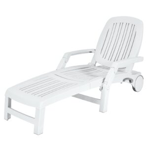 tangkula outdoor chaise lounge chair, 5-position adjustable recliner with storage box and flexible wheels, all-weather folding patio lounge chair for poolside, beach and backyard (1, white)