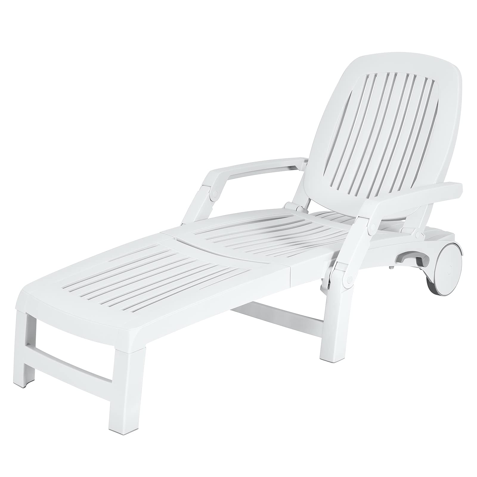 Tangkula Outdoor Chaise Lounge Chair, 5-Position Adjustable Recliner with Storage Box and Flexible Wheels, All-Weather Folding Patio Lounge Chair for Poolside, Beach and Backyard (1, White)