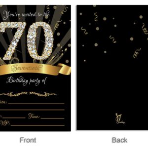 JT Studios 70th Birthday Party Invitations 5x7 Black & Gold Cards with Envelopes and Gold Metallic Pen (Pack of 25)