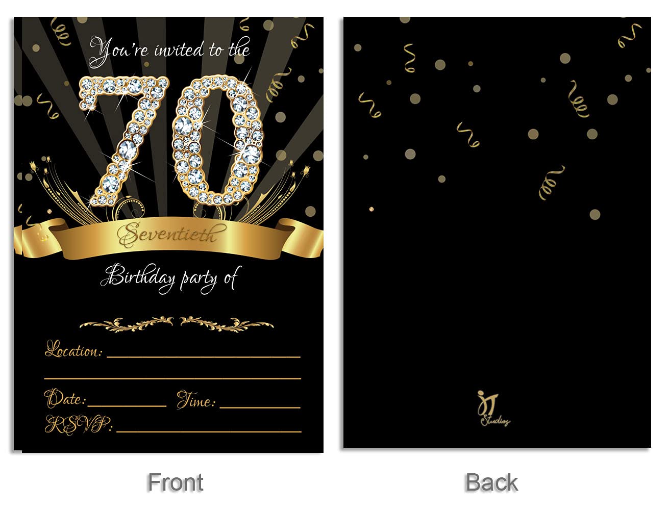 JT Studios 70th Birthday Party Invitations 5x7 Black & Gold Cards with Envelopes and Gold Metallic Pen (Pack of 25)