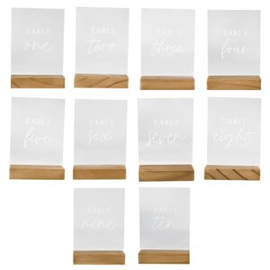 hanna roberts modern table number acrylic signs with wood stand for wedding reception, restaurant, event party, 3.9" x 1.5" x 5.8" (set of 10, 1-10)