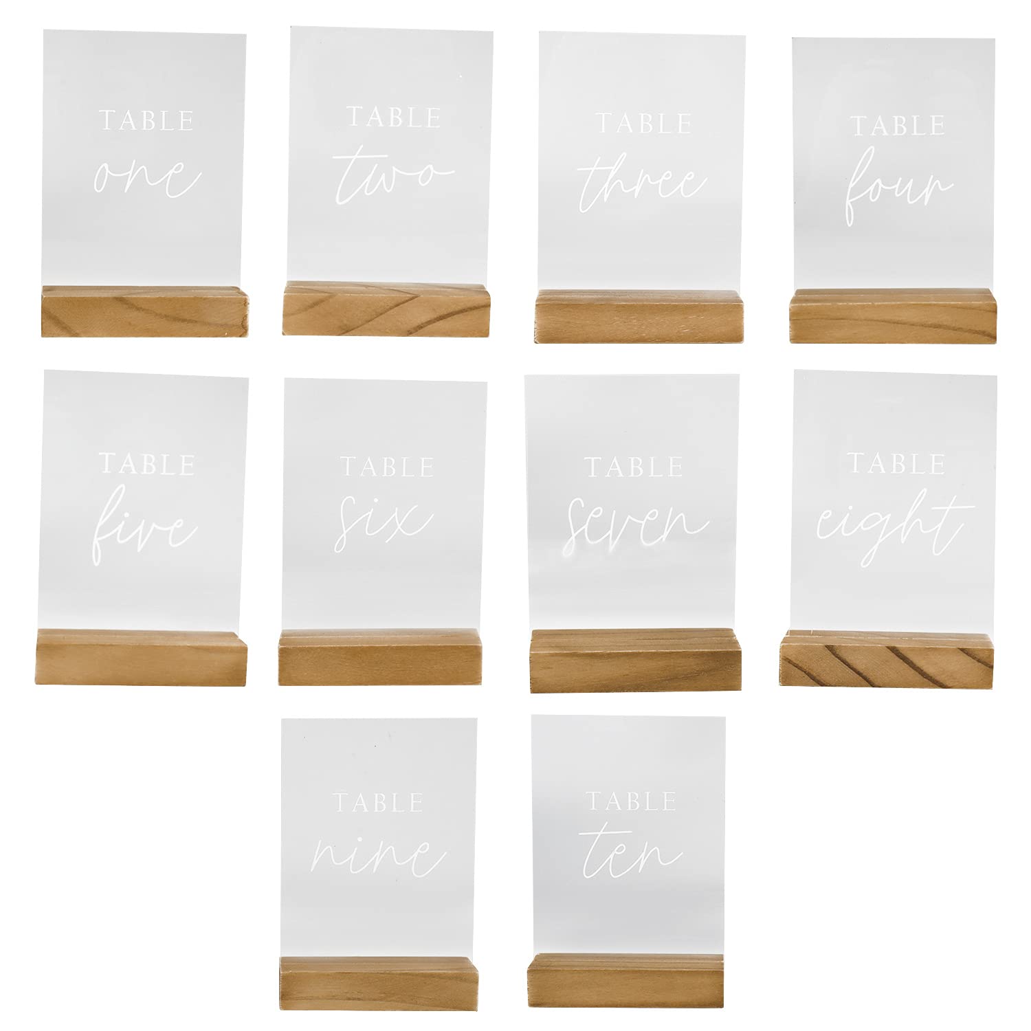 Hanna Roberts Modern Table Number Acrylic Signs with Wood Stand for Wedding Reception, Restaurant, Event Party, 3.9" x 1.5" x 5.8" (Set of 10, 1-10)