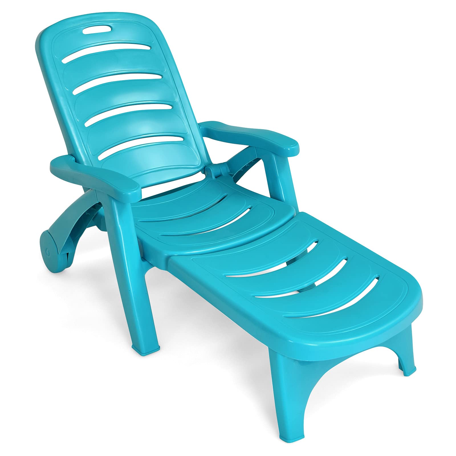 Giantex Patio Chaise Lounge Recliner on Wheels, Folding Deck Chair with Armrests, 5 Adjustable Positions for Poolside, Yard, Garden Rolling Outdoor Lounger Sunbathing Beach Chair(1, Turquoise)