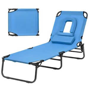 giantex outdoor chaise lounge chair - folding beach chair with 5 adjustable positions, hole, detachable pillow, hand ropes, lounger for sunbathing, poolside, yard, patio lawn chair