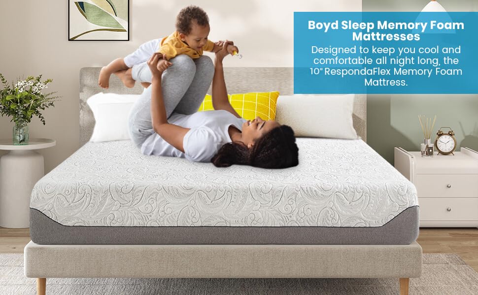 Boyd Sleep 8" RespondaFlex Queen Size Medium Firm Gel Memory Foam Mattress, Cooling Air Flow Layer, and Comfort Support Base, Bed in Box, Fiberglass Free,White