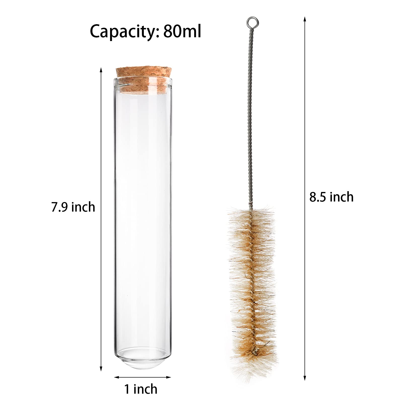 Bekith 24pcs 80ml Clear Glass Test Tubes with Cork Stoppers and 2 Brush, 25x200mm Glass Test Tube for Bath Salt, Candy Storage, Plants, Party Favors, Scientific Experiments