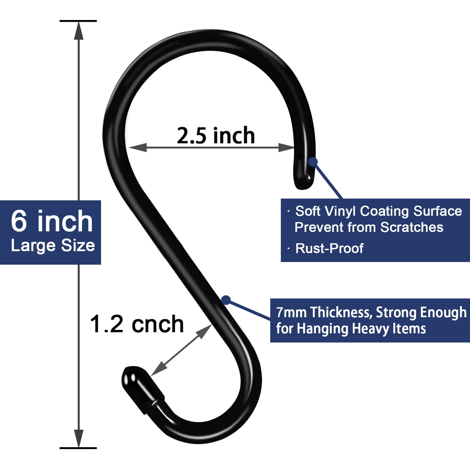 HiGift 6 Inch Large S Hooks for Hanging Heavy Duty, Non Slip Vinyl Coated S Hook for Closet, Steel Metal Black Rubber Coated S Hooks for Hanging Plant Jeans Pot Pan Clothes Purse Towel Bags- 4 Pack