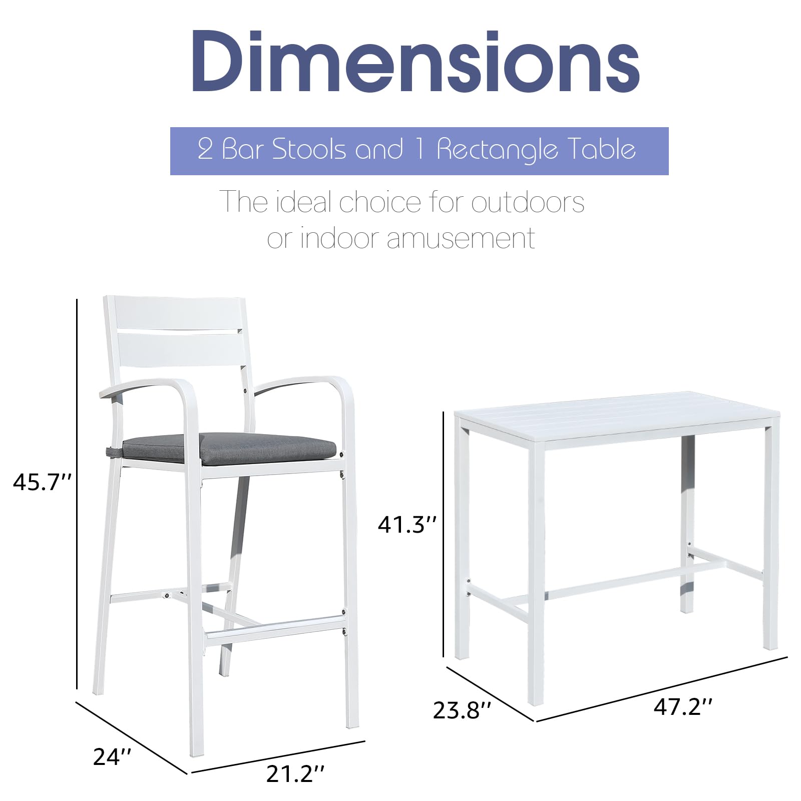 Soleil Jardin Outdoor Aluminum 5-Piece Bar Set, Dining Bistro Pub Set, Patio Bar Height Chairs with Cushion & Slatted High Top Table for Backyard Garden Pool, White