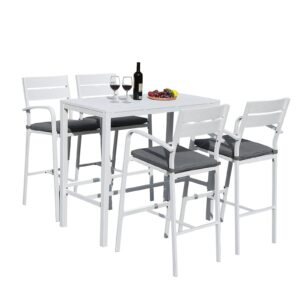 soleil jardin outdoor aluminum 5-piece bar set, dining bistro pub set, patio bar height chairs with cushion & slatted high top table for backyard garden pool, white