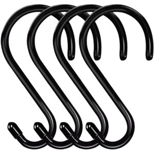 higift 6 inch large s hooks for hanging heavy duty, non slip vinyl coated s hook for closet, steel metal black rubber coated s hooks for hanging plant jeans pot pan clothes purse towel bags- 4 pack