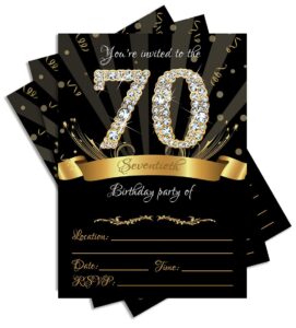 jt studios 70th birthday party invitations 5x7 black & gold cards with envelopes and gold metallic pen (pack of 25)