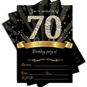 JT Studios 70th Birthday Party Invitations 5x7 Black & Gold Cards with Envelopes and Gold Metallic Pen (Pack of 25)