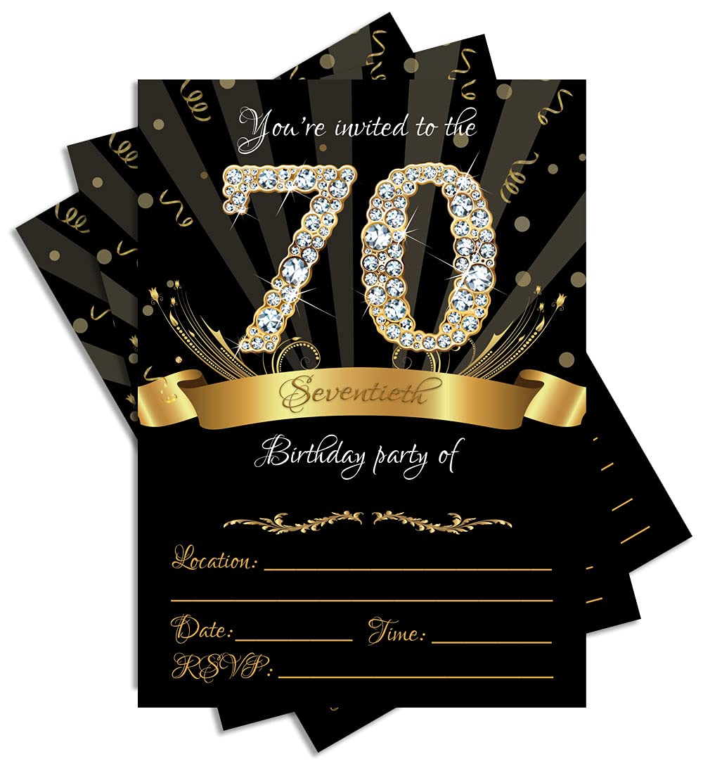 JT Studios 70th Birthday Party Invitations 5x7 Black & Gold Cards with Envelopes and Gold Metallic Pen (Pack of 25)