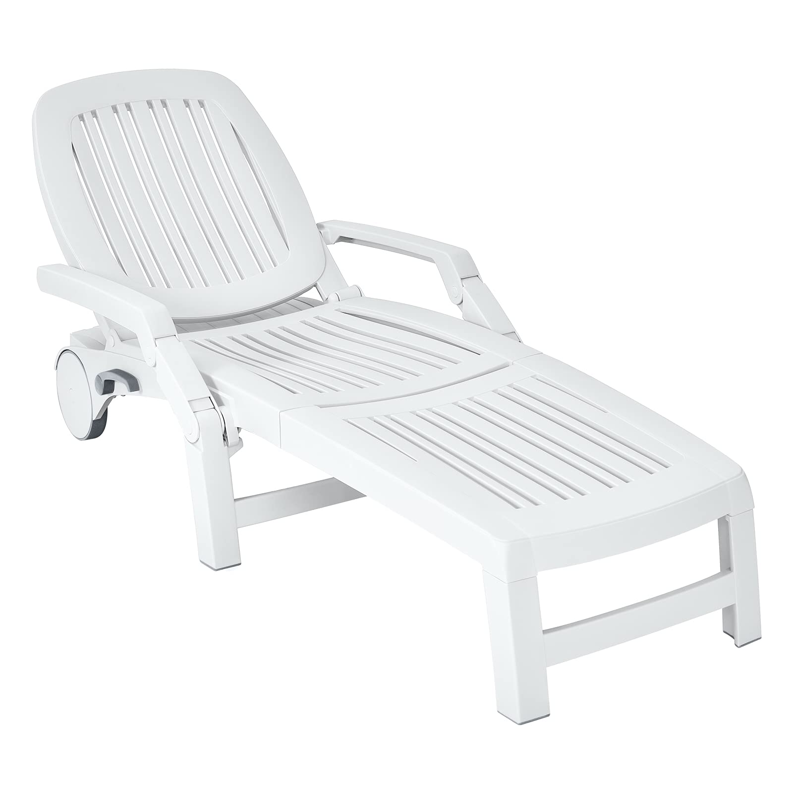 Tangkula Outdoor Chaise Lounge Chair, 5-Position Adjustable Recliner with Storage Box and Flexible Wheels, All-Weather Folding Patio Lounge Chair for Poolside, Beach and Backyard (1, White)