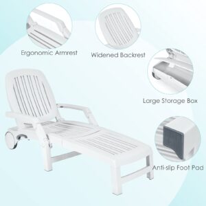 Tangkula Outdoor Chaise Lounge Chair, 5-Position Adjustable Recliner with Storage Box and Flexible Wheels, All-Weather Folding Patio Lounge Chair for Poolside, Beach and Backyard (1, White)