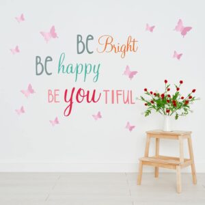 20 Sheets Inspirational Wall Decals Girl Quote Set 12 Sheets 3D Butterfly, Smart Strong Fearless, Be Bright, Be Happy, BeYouTifu Vinyl Decals Sayings Art Vinyl for Bedroom Classroom