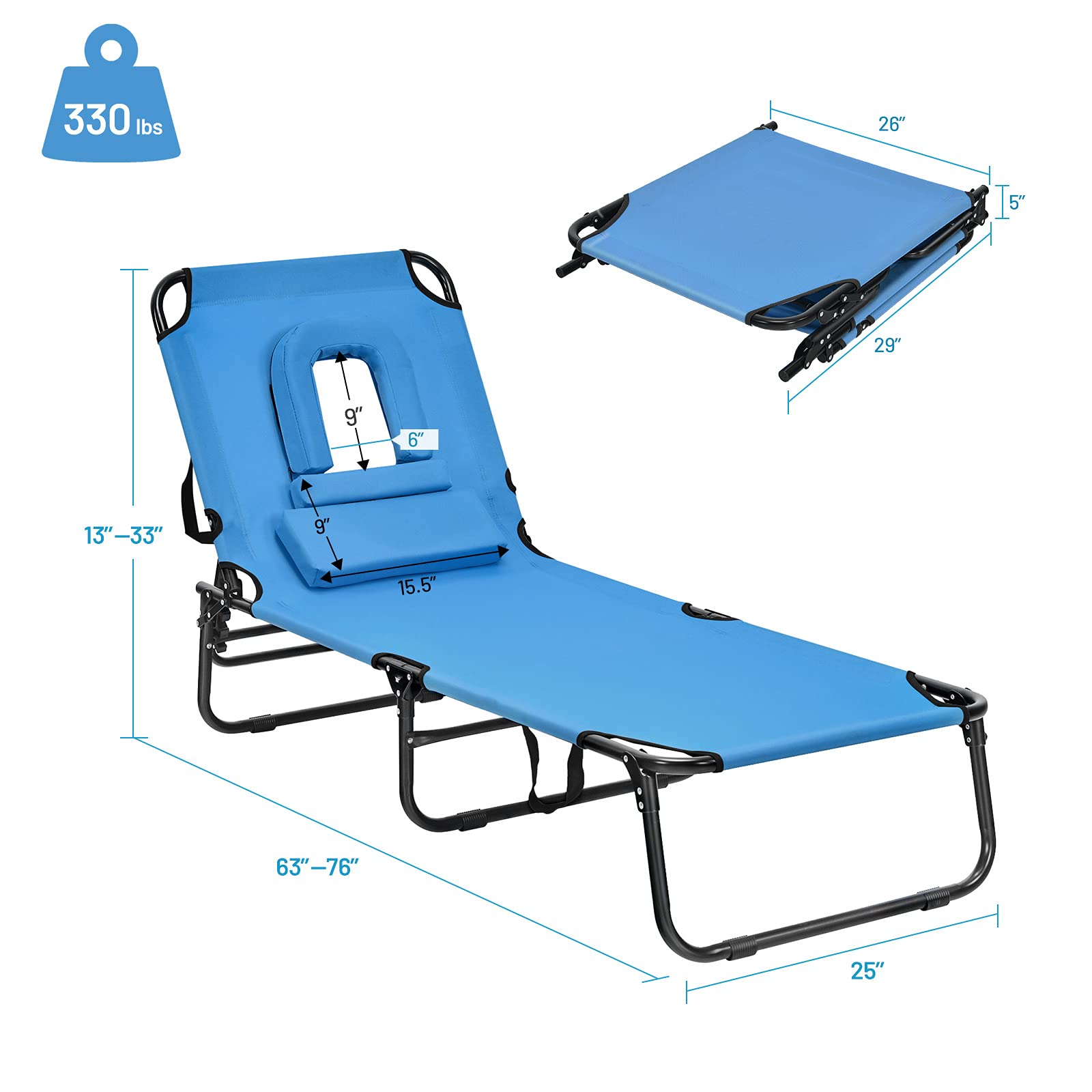 Giantex Outdoor Chaise Lounge Chair - Folding Beach Chair with 5 Adjustable Positions, Hole, Detachable Pillow, Hand Ropes, Lounger for Sunbathing, Poolside, Yard, Patio Lawn Chair