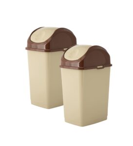 superio small 2.5 gallon plastic trash can with swing top lid, compact slim waste bin for under desk, office, bedroom, bathroom, dorm room, 10 qt. portable garbage can (beige/browm, 2 pack)