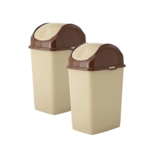 Superio Small 2.5 Gallon Plastic Trash Can with Swing Top Lid, Compact Slim Waste Bin for Under Desk, Office, Bedroom, Bathroom, Dorm Room, 10 Qt. Portable Garbage Can (Beige/Browm, 2 Pack)