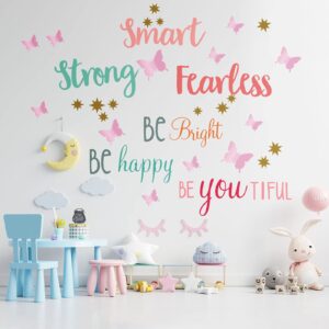 20 Sheets Inspirational Wall Decals Girl Quote Set 12 Sheets 3D Butterfly, Smart Strong Fearless, Be Bright, Be Happy, BeYouTifu Vinyl Decals Sayings Art Vinyl for Bedroom Classroom