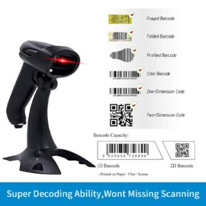 Wireless 2D QR Barcode Scanner with Stand 2.4GHz & USB Wired Barcode Reader Handhold Bar Code Scanner for Store, Supermarket, Warehouse