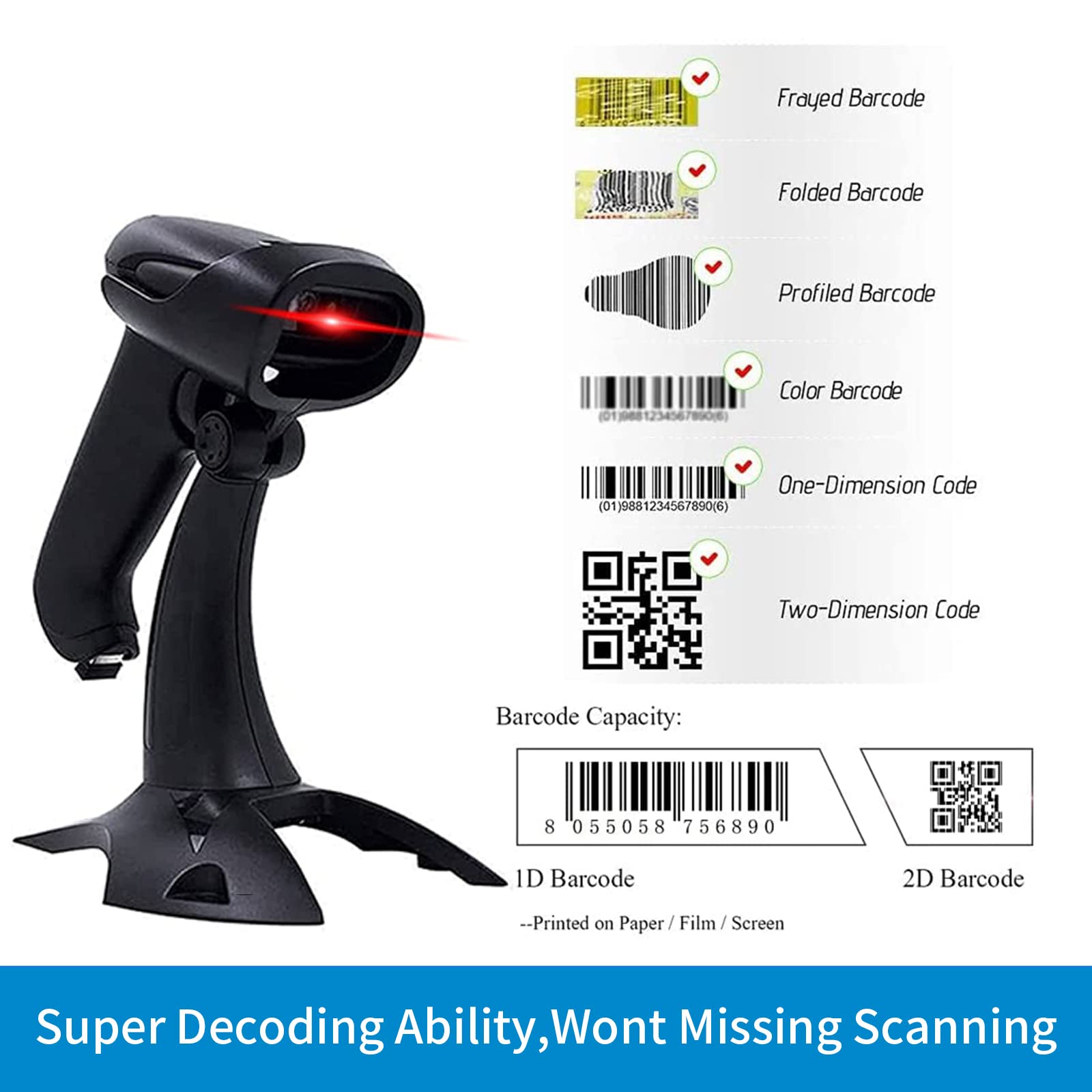 Wireless 2D QR Barcode Scanner with Stand 2.4GHz & USB Wired Barcode Reader Handhold Bar Code Scanner for Store, Supermarket, Warehouse