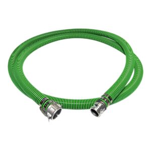 gloxco heavy duty epdm all weather suction hose assembly, black tube, lime green helix, 2" inside diameter hose with male x female can and groove fittings installed, 20 ft length