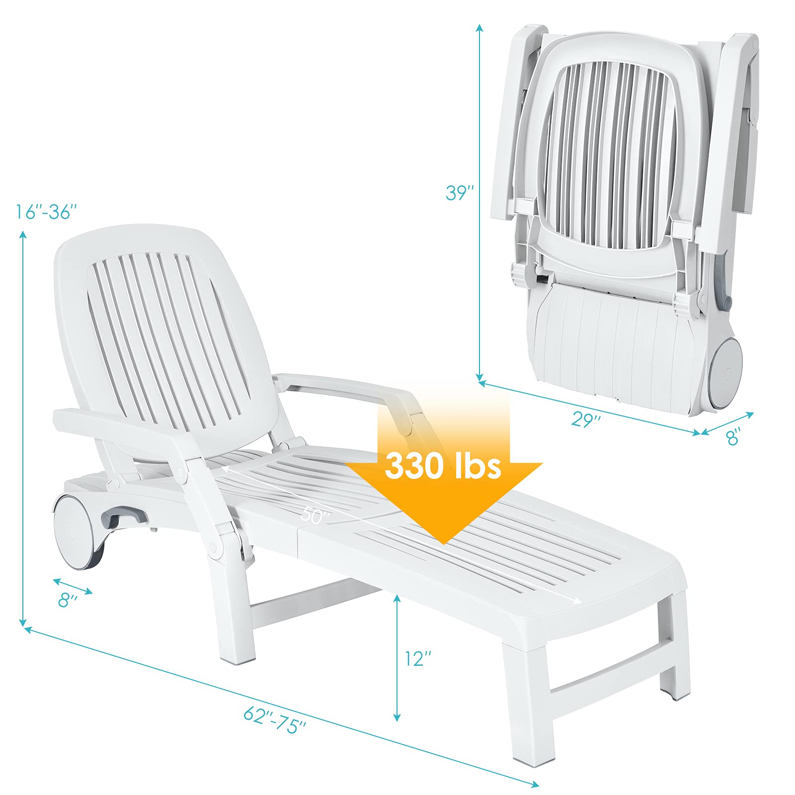 Tangkula Outdoor Chaise Lounge Chair, 5-Position Adjustable Recliner with Storage Box and Flexible Wheels, All-Weather Folding Patio Lounge Chair for Poolside, Beach and Backyard (1, White)