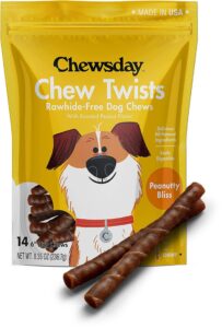 chewsday 6-inch chewy dog chew twists, made in the usa, all natural rawhide-free highly-digestible treats, peanutty bliss - 14 count