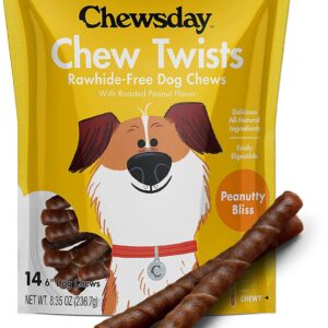 Chewsday 6-Inch Chewy Dog Chew Twists, Made in The USA, All Natural Rawhide-Free Highly-Digestible Treats, Peanutty Bliss - 14 Count