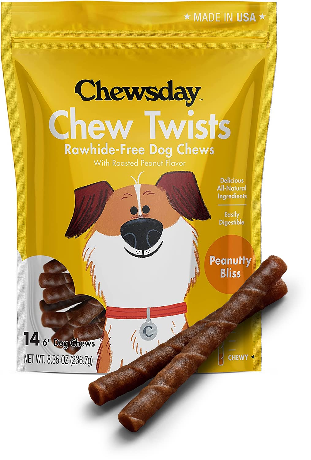 Chewsday 6-Inch Chewy Dog Chew Twists, Made in The USA, All Natural Rawhide-Free Highly-Digestible Treats, Peanutty Bliss - 14 Count