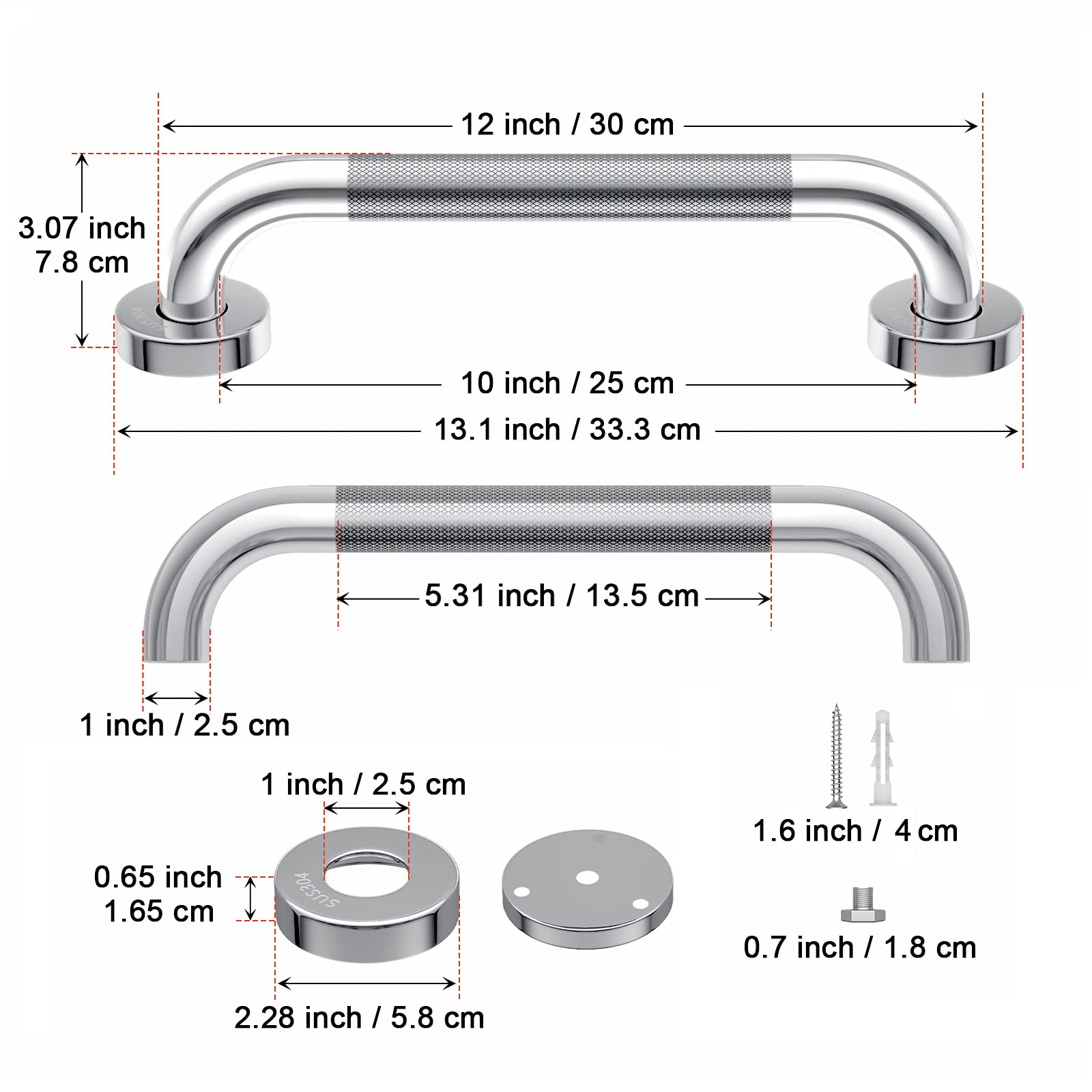 12 Inch Anti-Slip Shower Grab Bar, iMomwee Chrome Stainless Steel Bathroom Grab Bar Handle with Textured Grip, Shower Balance Bar, Safety Hand Rail Support, Handicap Elderly Senior Assist Bath Handle