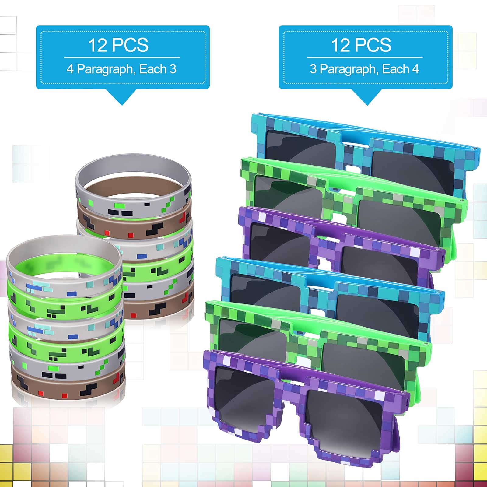 Fiada 24 Pieces Miner Party Favors Set Include 12 Pixel Sunglasses,12 Pixelated Theme Bracelet Miner Wristbands for Kids Adults Pixelated Style Video Game Player Birthday Party Favors Supplies