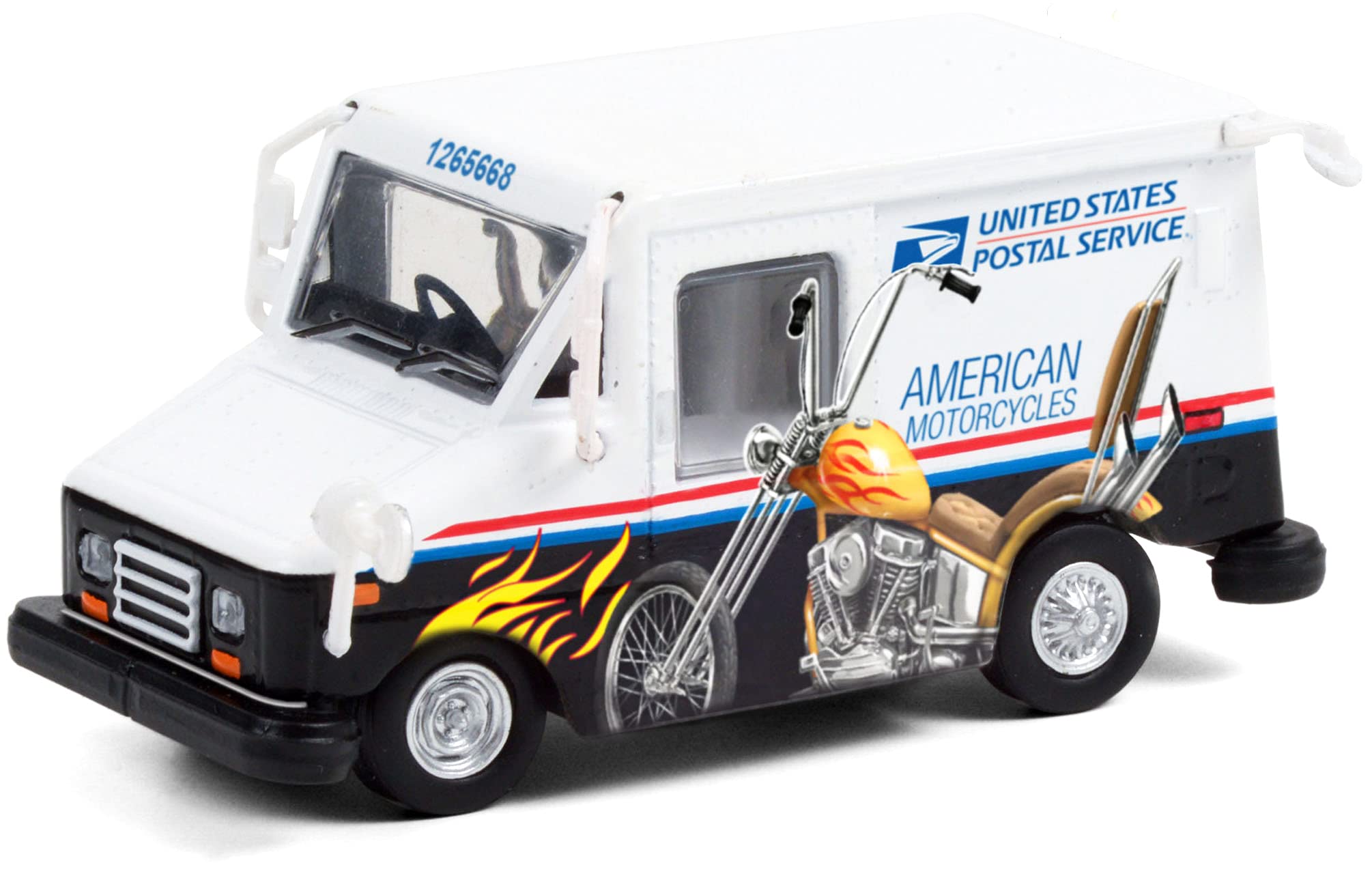 Greenlight 30249 United States Postal Service Long-Life Postal Delivery Vehicle (LLV) - American Motorcycles Collectible Stamps LLV (Hobby Exclusive) 1:64 Scale