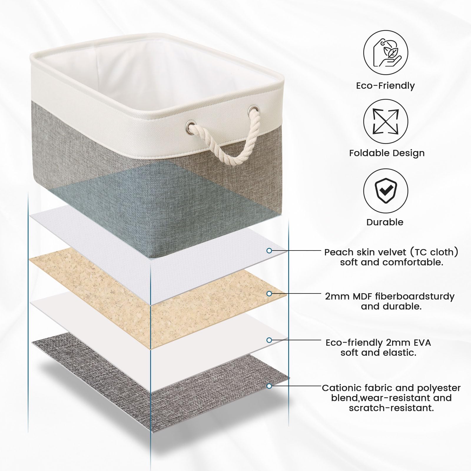 HOdo Home Fabric Storage Bin with Hard Bottom Base and 2 Bold Handles, Collapsible Large Canvas Storage Baskets for Organizing Shelf Nursery Home Closet (Grey&White, 15L×11W×9.5H - 3Pack)