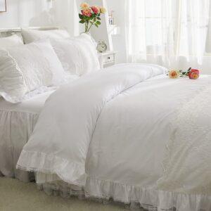 softta lace duvet cover set white bedding 100% cotton 600 tc farmhouse 4pcs bedding set soft romantic ruffle boho flouncing princess duvet cover with pillowsham and bedskirt california king