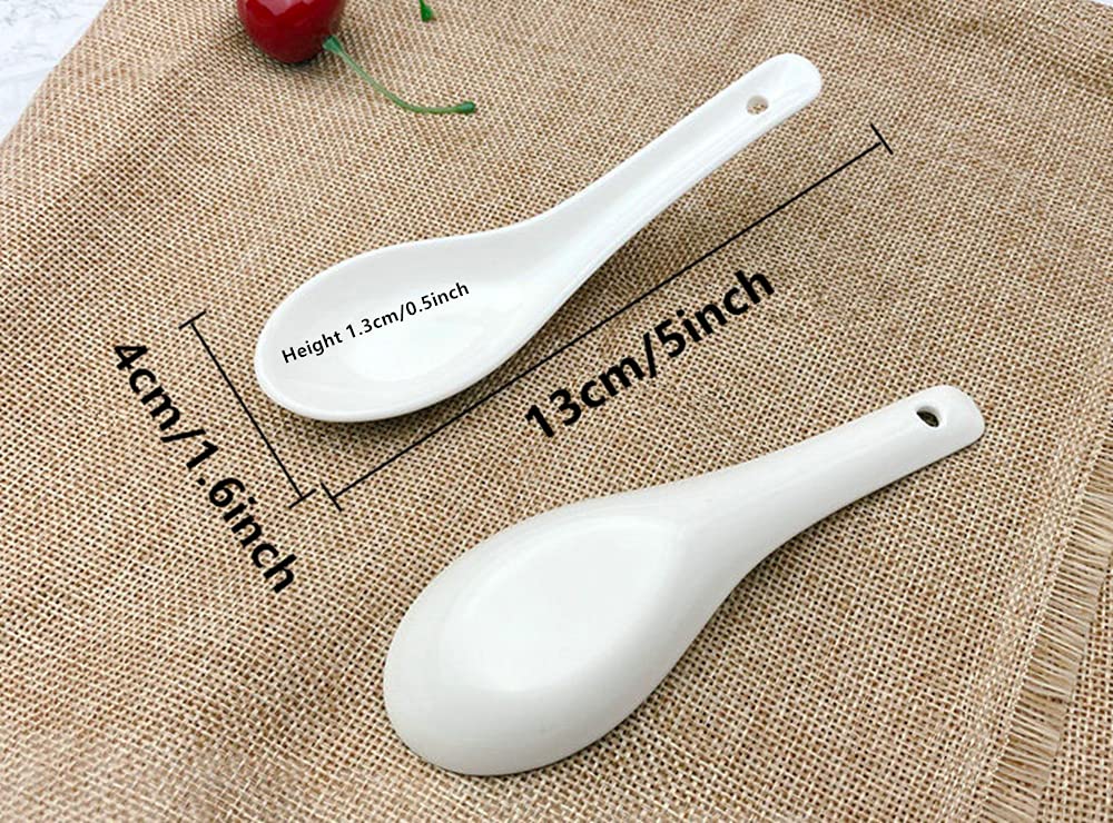 10 Pack White Ceramic Soup Spoons,Wonton Soup Spoons,Asian Soup Spoon Set,5"Kid Spoons,Tasting Spoon,Side Dishes,Table Spoons,Small Appetizer Spoon,Stackable Ramekins Can Stand,Deep Oval Design